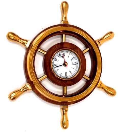 Robin's Dockside Shop - Ship's Wheel Brass Trim Clock
